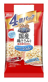 リニューアルに伴いパッケージ・内容等予告なく変更する場合がございます。予めご了承ください。 名　称 グランデリ　国産鶏ささみ入り　パウチ　ジュレ　成犬用　バラエティ　ビーフ入り・なんこつ入り 内容量 80g×4個 特　徴 ◆良質な100％国...