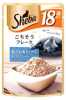 リニューアルに伴いパッケージ・内容等予告なく変更する場合がございます。予めご了承ください。 名　称 Sheba　シーバ　リッチ　18歳以上　ごちそうフレーク　贅沢お魚ミックス　まぐろたい入り 内容量 35g 特　徴 ◆厳選素材を使用した、魚...