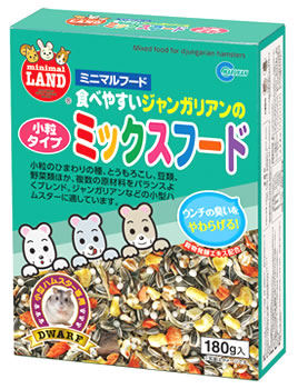 リニューアルに伴いパッケージ・内容等予告なく変更する場合がございます。予めご了承ください。 名　称 ミニマルフード　ジャンガリアンのミックスフード 内容量 180g 特　徴 ◆良質な配合ペレットに穀物や小粒ひまわり・野菜類をバランスよくブレ...