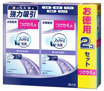 リニューアルに伴いパッケージ・内容等予告なく変更する場合がございます。予めご了承ください。 名　称 置き型ファブリーズ　無香　付替用 内容量 130g×2個 特　徴 ◆お部屋用 ◆ニオイ吸引ゼリーがしっかり消臭＊ ニオイ吸引ゼリーが、アンモ...