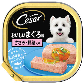 リニューアルに伴いパッケージ・内容等予告なく変更する場合がございます。予めご了承ください。 名　称 シーザートレイ　成犬用　おいしいまぐろ味　ささみ・野菜入り 内容量 100g 特　徴 ◆元気いっぱいの成犬のために、素材や美味しさや、栄養バ...