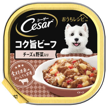 リニューアルに伴いパッケージ・内容等予告なく変更する場合がございます。予めご了承ください。 名　称 シーザー　おうちレシピ　成犬用　コク旨ビーフ　チーズ＆野菜入り 内容量 100g 特　徴 ◆まるでおうちで手作りされたような素材のみずみずし...