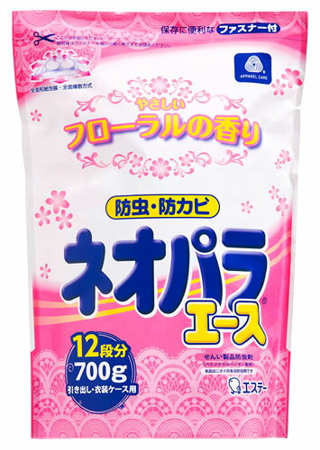 リニューアルに伴いパッケージ・内容等予告なく変更する場合がございます。予めご了承ください。 名　称 ネオパラエース　引き出し・衣装ケース用　やさしいフローラルの香り 内容量 700g(約88包) 特　徴 ◆保存に便利なファスナー付 せんい製...