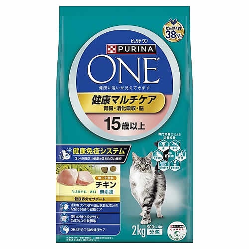 リニューアルに伴いパッケージ・内容等予告なく変更する場合がございます。予めご了承ください。 商品名称 ピュリナ　ワン　キャット　健康マルチケア　15歳以上　チキン 内容量 2kg(500g×4袋) 特徴 ◆合成着色料・香料　無添加◆総合栄養...