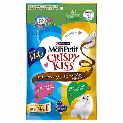 リニューアルに伴いパッケージ・内容等予告なく変更する場合がございます。予めご了承ください。 商品名称 モンプチ　クリスピーキッス　バラエティパック　グレイビーソースかけ　2種のアソート 内容量 144g 特徴 ◆手からあげるしあわせ◆ネコ用...