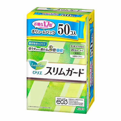 リニューアルに伴いパッケージ・内容等予告なく変更する場合がございます。予めご了承ください。 商品名称 ロリエ　スリムガード　ボリュームパック　多い昼〜ふつうの日用羽つき 内容量 50個 特徴 ◆瞬間吸収のロリエ　極うすなのに頼れる2倍吸収※...