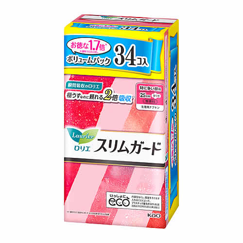 リニューアルに伴いパッケージ・内容等予告なく変更する場合がございます。予めご了承ください。 商品名称 ロリエ　スリムガード　ボリュームパック　特に多い昼用 内容量 34個 特徴 瞬間吸収のロリエ　極うすなのに頼れる2倍吸収※1※1　メーカー...
