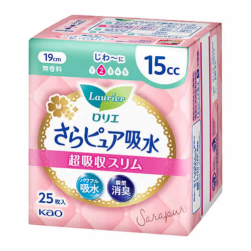 リニューアルに伴いパッケージ・内容等予告なく変更する場合がございます。予めご了承ください。 商品名称 ロリエ　さらピュア吸水　超吸収スリム　15cc 内容量 25枚 特徴 ◆もしもの時も安心な女性のおまもり「さらピュア吸水」から、頼れる超吸...