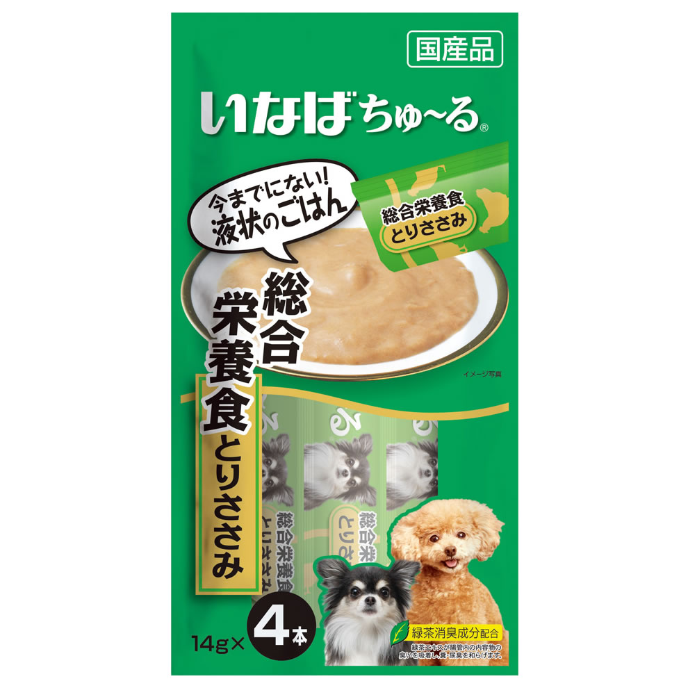 リニューアルに伴いパッケージ・内容等予告なく変更する場合がございます。予めご了承ください。 名　称 ちゅーる　総合栄養食　とりささみ 内容量 14g×4本 特　徴 ◆ちゅーるの総合栄養食タイプです。食欲が無い時などにもどうぞ。 ◆緑茶消臭成...