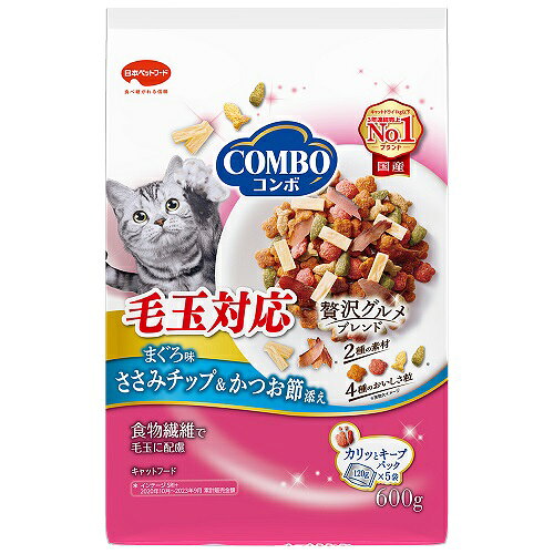 リニューアルに伴いパッケージ・内容等予告なく変更する場合がございます。予めご了承ください。 商品名称 コンボ　キャット　毛玉対応　まぐろ味・ささみチップ・かつお節添え 内容量 600g(120g×5袋入) 特徴 ◆おいしく味わい天然食物繊維...