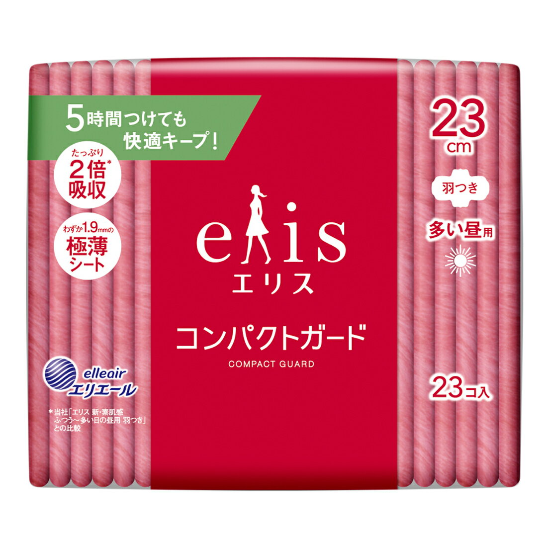 リニューアルに伴いパッケージ・内容等予告なく変更する場合がございます。予めご了承ください。 名　称 エリス　コンパクトガード　多い昼用　羽つき　23cm 内容量 23枚 特　徴 ◆5時間つけても快適キープ！極薄シートなのにたっぷり吸収。生理...