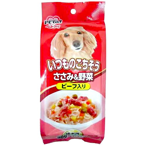 リニューアルに伴いパッケージ・内容等予告なく変更する場合がございます。予めご了承ください。 名　称 いつものごちそう　ささみ＆野菜　ビーフ入り 内容量 80g×3パック 特　徴 鶏ささみに4種類の緑黄色野菜を加え愛犬の大好きなビーフをトッピ...