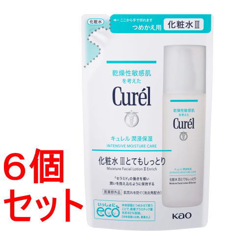 リニューアルに伴いパッケージ・内容等予告なく変更する場合がございます。予めご了承ください。 名　称 キュレル　潤浸保湿　化粧水　III　とてもしっとり　つめかえ用 内容量 130mL×6 特　徴 ◆乾燥性敏感肌を考えた ◆洗顔後の「無防備肌...