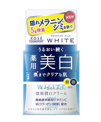 　リニューアルに伴いパッケージ・内容等予告なく変更する場合がございます。予めご了承ください。 名　称 モイスチュアマイルド　ホワイト　クリーム 【美白クリーム】 内容量 55g 特　徴 ★深層まで美白効果を発揮し、にごりのない明るい肌が続く...