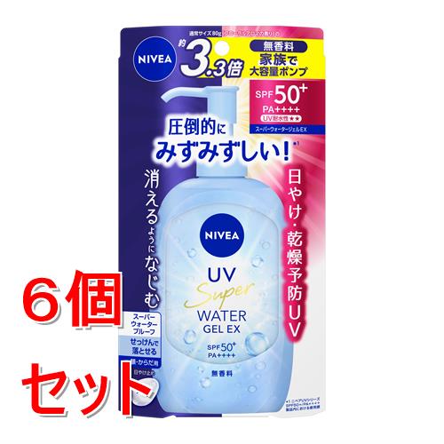 リニューアルに伴いパッケージ・内容等予告なく変更する場合がございます。予めご了承ください。 &nbsp; 商品名称 花王 ニベアUV　ウォータージェルEX　ポンプ　270g　日焼け止め 内容量 270g×6 特徴 ◆日やけ・乾燥予防UV ◆...