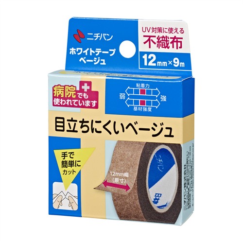 リニューアルに伴いパッケージ・内容等予告なく変更する場合がございます。予めご了承ください。 名　称 ニチバンホワイトテープ ベージュ WB129 内容量 12mm幅×9m 特　徴 ◆UV対策に・やさしい紙テープ ◆しなやかな紙タイプの不織布...