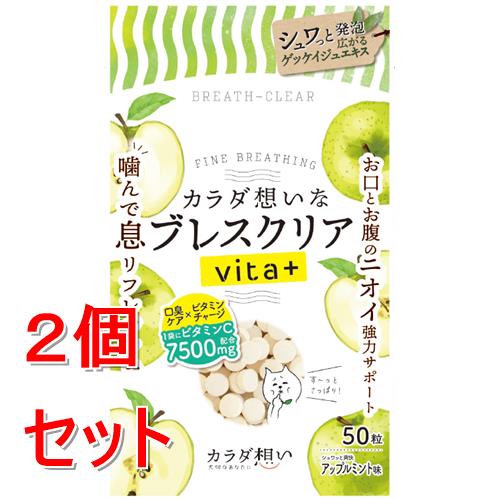 リニューアルに伴いパッケージ・内容等予告なく変更する場合がございます。予めご了承ください。 &nbsp; 商品名称 ブレスクリアvita+　アップルミント　50粒 内容量 17.5g（350&times;50粒）&times;2 特徴 口臭...