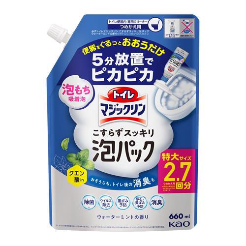 リニューアルに伴いパッケージ・内容等予告なく変更する場合がございます。予めご了承ください。 &nbsp; 商品名称 花王 トイレマジックリン　こすらずスッキリ泡パック　ウォーターミントの香り　つめかえ用　660ml 内容量 660mL 特徴...