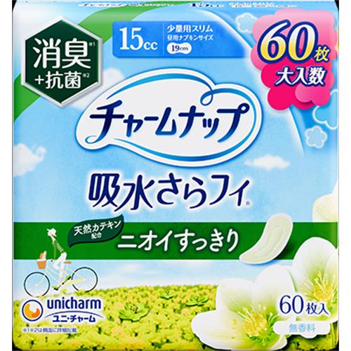 リニューアルに伴いパッケージ・内容等予告なく変更する場合がございます。予めご了承ください。 &nbsp; 商品名称 ユニ・チャーム チャームナップ吸水さらフィ少量用消臭60枚 内容量 60枚 特徴 ◆消臭ポリマー（＊）配合で気になるニオイも...