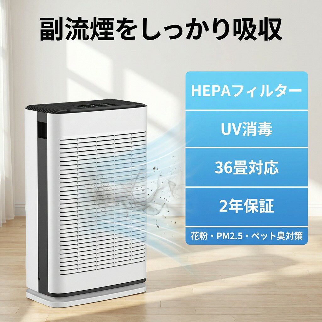 \\副流煙吸収!/空気清浄機 花粉対策 2025 UV消毒 タバコ PM2.5 ダニ 除菌 脱臭 脱臭強化 12Hタイマ 3段階調整 HEPAフィルター 静音 除菌率99.7% 省エネ スリープモード 除湿なし ペット向け ペット臭 犬 猫...