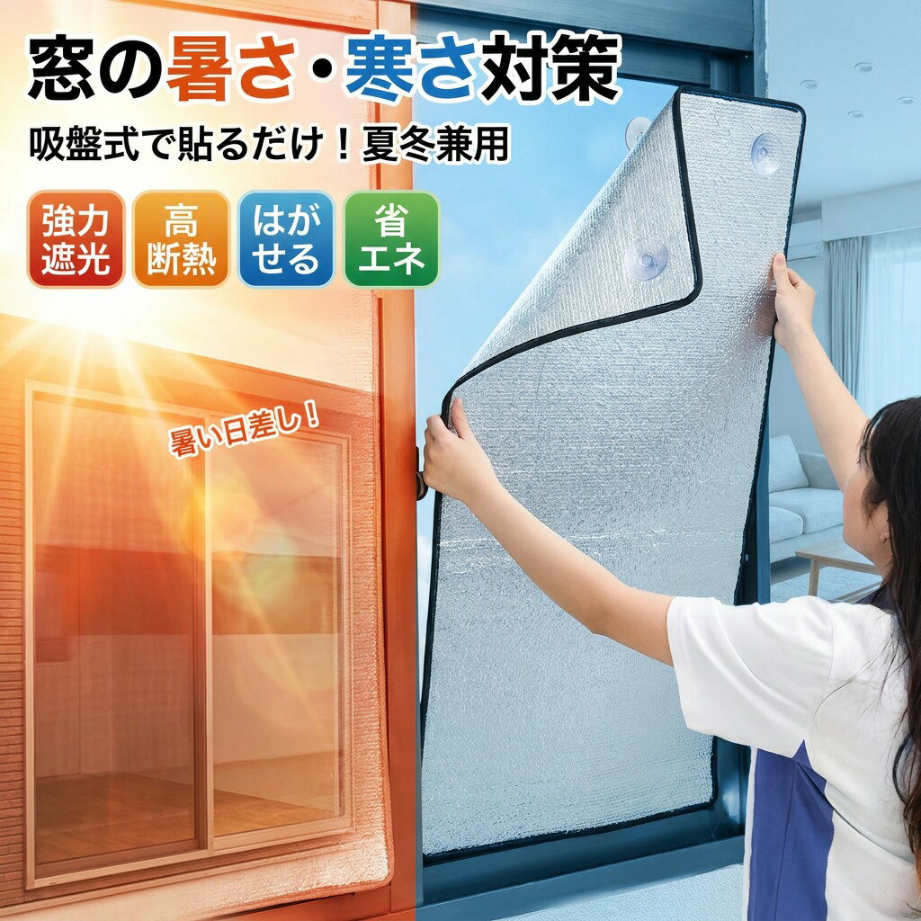 商品説明 吸盤で窓に貼るだけ！ 【遮光 断熱】 夏は涼しく、冬は暖かく快適にアルミシート。 窓枠全体をカバーできて冷気の侵入、暖気の流入を防ぎます。 吸盤付きなので、簡単に貼り付けることができます。 ガラスの表面温度低下を抑え、結露の発生を...