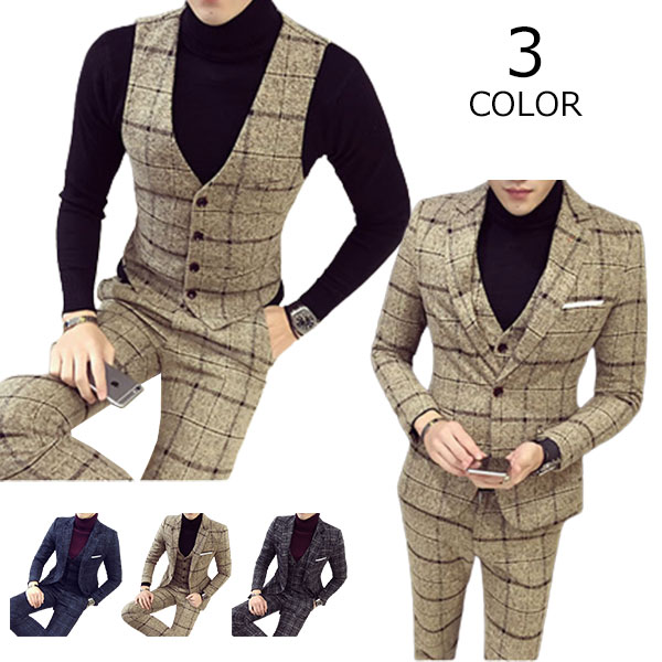 メンズスーツセット ジャケット+ベスト+パンツ スーツ3点セット　ビジネス/フォーマル/パーティー/結婚式 紳士服 冬新作 ▼セットアップ：ジャケット+ベスト+パンツ ▼素材：コットン　ポリエステル ▼カラー：写真色 ▼注意事項： ※モニタ...