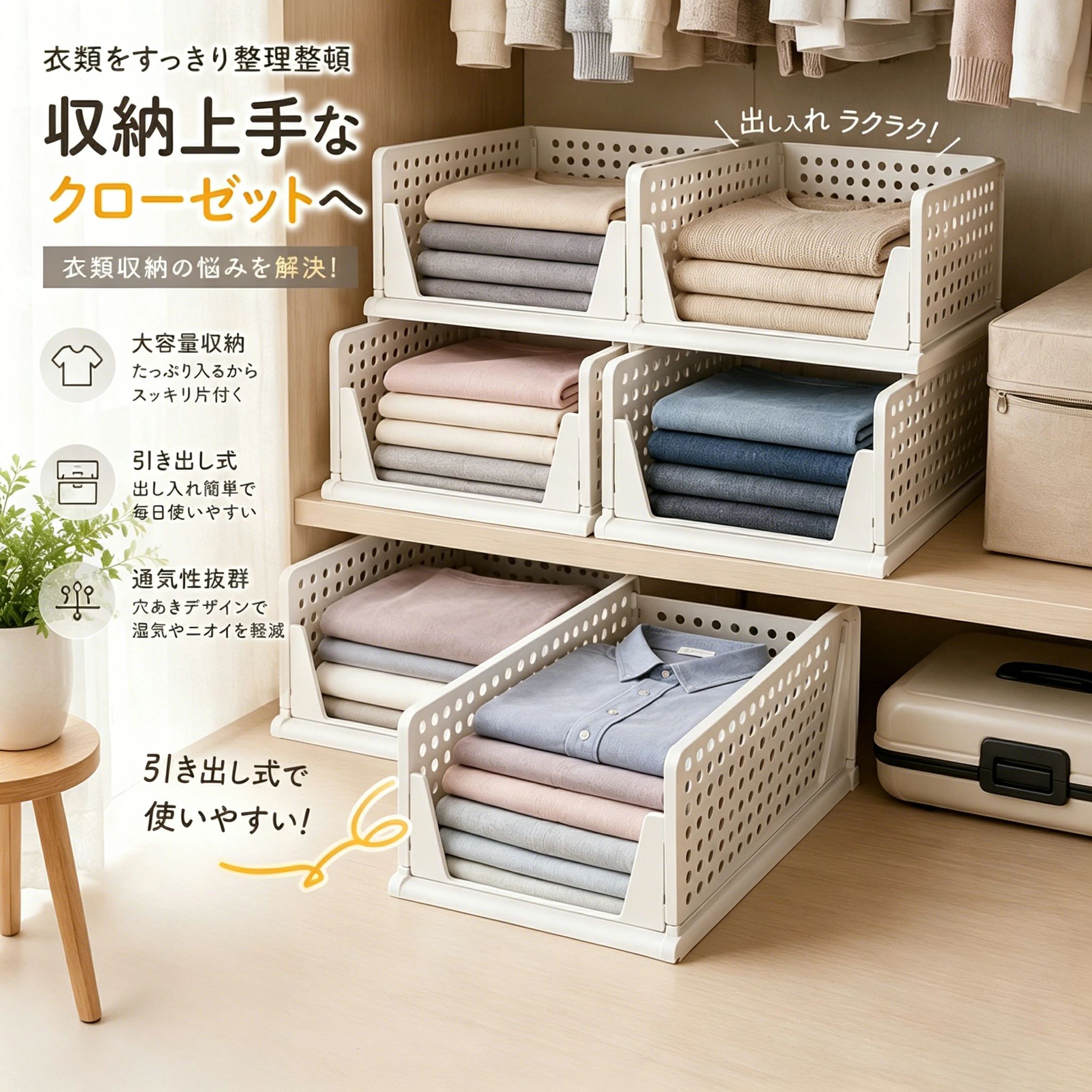 【ラクラク折りたたみで押し入れがすっきり広々】 面倒な衣類の収納も、このケースがあれば一変。 使わない時はコンパクトに折り畳めるから、保管場所をとりません。 組み立て式フレームで、引き出しの数を自由に増減できるのも魅力です。 【抜群の安定性...