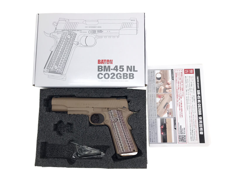 BATON CO2シリーズ最強のリコイルを誇る「BM-45」が「タイプNLマガジン」を装備でブラッシュアップ！FDEカラー【中古・ランクB】多少の傷や、年式相応の使用感がありますが、動作自体に問題はありません。普通の中古品です。【中古・欠品...