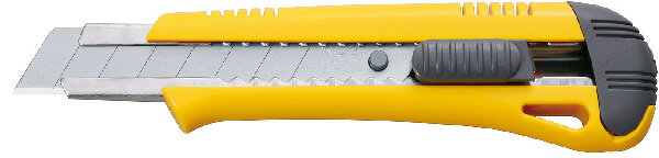 商品詳細 オートロック式の大型刃（L刃）カッター。 替刃2枚内蔵。スライダー抜け止め防止機構で安全です。 ■大（L刃）0.5mm厚、計3枚付 ■重さ：84g