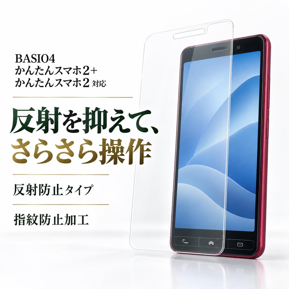 【商品説明】【商品概要】 BASIO4対応のレイ・アウト 保護フィルムです。 反射防止、さらさらが主な特長です。 【特長】 ・汚れや指紋がつきにくい。 【対応機種】 BASIO4 【材質】 シリコン膜（液晶保護フィルム吸着面）、PET（液晶...