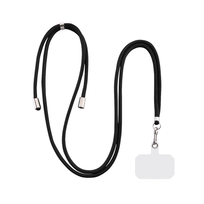 【商品説明】 透明シートを挟むだけ！ 全端末対応。 長さ調整可能。 最長約160cm。 透明シート同梱。 対応機種各種スマートフォン カラーブラック 素材ポリエステル素材、熱可塑性ポリウレタン樹脂、亜鉛合金素材 関連キーワード： スマホ ス...