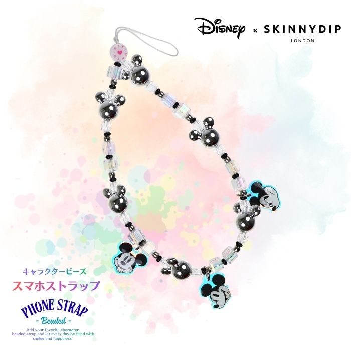 【商品説明】 SKINNYDIP　フォンストラップにディズニーから「ヴィンテージミッキー」が登場！ シンプルなモノクロ調のカラーリングに、揺れるミッキーのチャームがアクセントになったデザイン。 ミッキーのシルエットをイメージしたビーズもポイ...