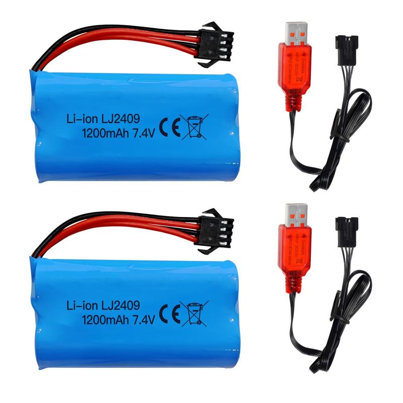 2PCS 7.4V 1200mAh SM-4Pプラグ電池、USB充電ケーブル付き 用のEC08 RC玩具車模型オフロード車の坂登りドリフトレーサーリモコン船電池に梱包伝票：2PCS電池+2PCS充電ケーブルEC08 RC玩具車モデルオフロー...