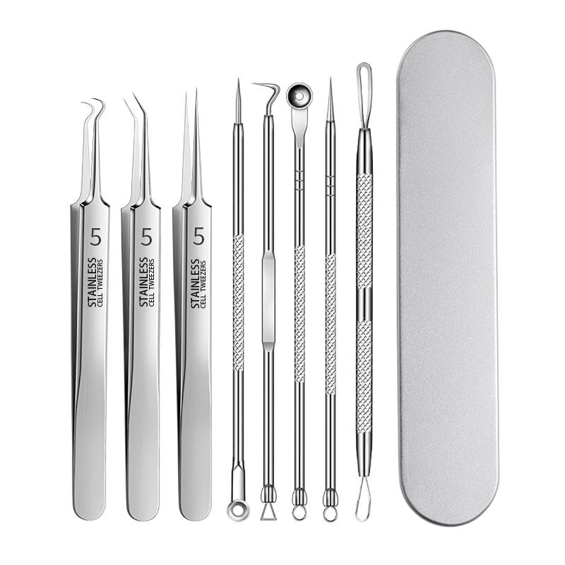 ALLVD 精密ピンセット（8セット）角栓ピンセット先端幅0.1 mm角栓ピンセット抜毛によるニキビ除去、黒ずみ除去、毛穴ケア専用精密作業で毛穴をきれいにするピンセット収納ケース付き携帯【角栓専用8セット】専門美容ツール、サロン専用黒ずみ、...