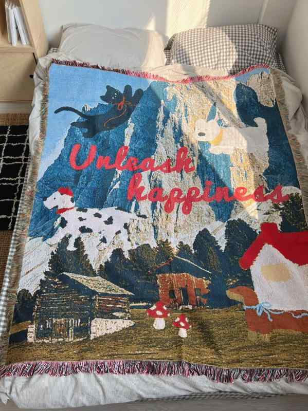 Unleash happiness ，幸せを解き放つ，可愛い動物柄ブランケット， マルチカバー ， 韓国風のインテリア， インテリア, ベッドカバー (130X160cm)ドッグパーク お手入れ簡単：洗濯機で簡単に洗えるため、いつでも清潔な...