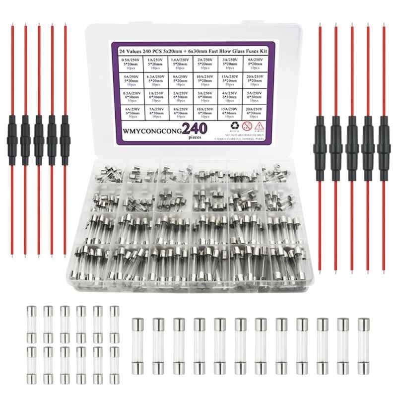 WMYCONGCONG 250個入り 6x30mm 5x20mm インラインヒューズホルダー各5個 + 240個 24値 ファストブローガラス管ヒューズ250V 5x20mm 0.5A 1A 1.6A 2A 3A 4A 5A 6.3A 8A...