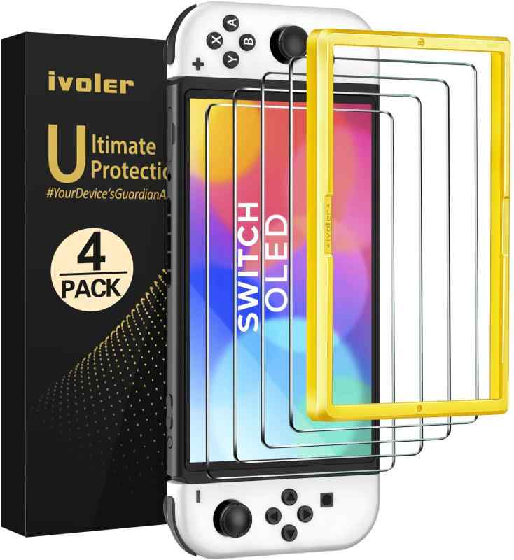 [4枚入り] [Switch 有機ELモデル対応][改良モデル] iVoler OLED 保護 ガラスフィルム スイッチ 保護フィルム[ガイド枠付き] 強靭9H 3Dラウンドエッジ加工 撥水撥油 指紋防止 飛散防止 貼付道具付 自高透過率・...