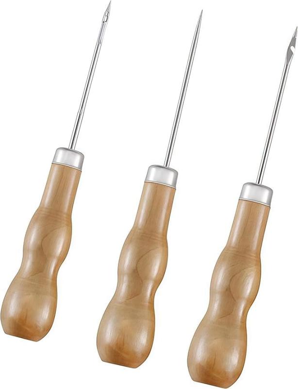 Jindizi プロ仕様 目打ち工具 3点セット (千枚通し・フック・ストレートテーパー) 高炭素鋼製 レザークラフト 手芸 靴修理 鞄縫製 防滑グリップ 職人工具 (全長15cm)【品質の良い材料】:革千枚通しは高品質の木材+ステンレス鋼...