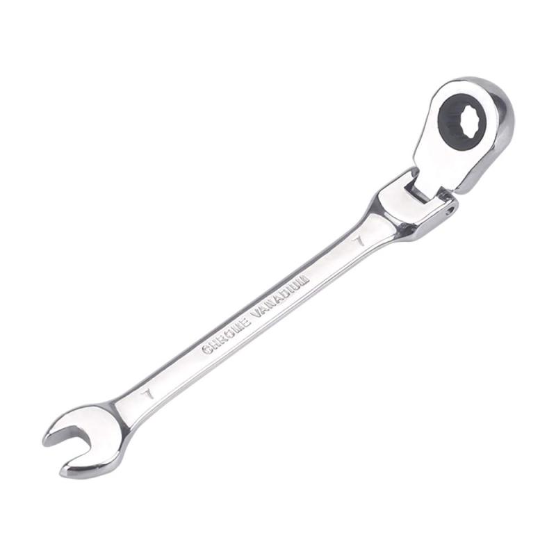 フレックスラチェットレンチ メガネレンチ 整備工具 7mm 作業 常備 車 バイク 各種メンテナンス対応 家具組み立て 鏡面仕上げ 角度調整可能 (7mm)呼び寸法:7mm 長さ:132mm 先端径1:直径18mm 先端径2:直径19mm ...