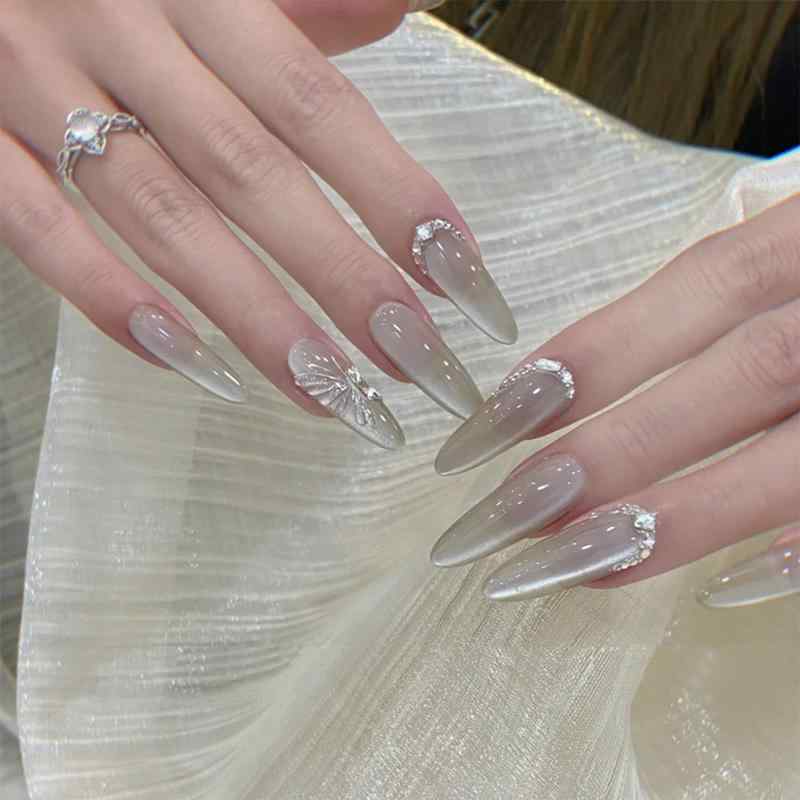 KSYN KO-KO ネイルチップ 韓系風 リボンクラッタードリル キャットアイ ネイルチップ 赤 白さ引き立て 楕円型ミドルロング 成人式 結婚式 おしゃれ 繰り返し使えるつけ爪