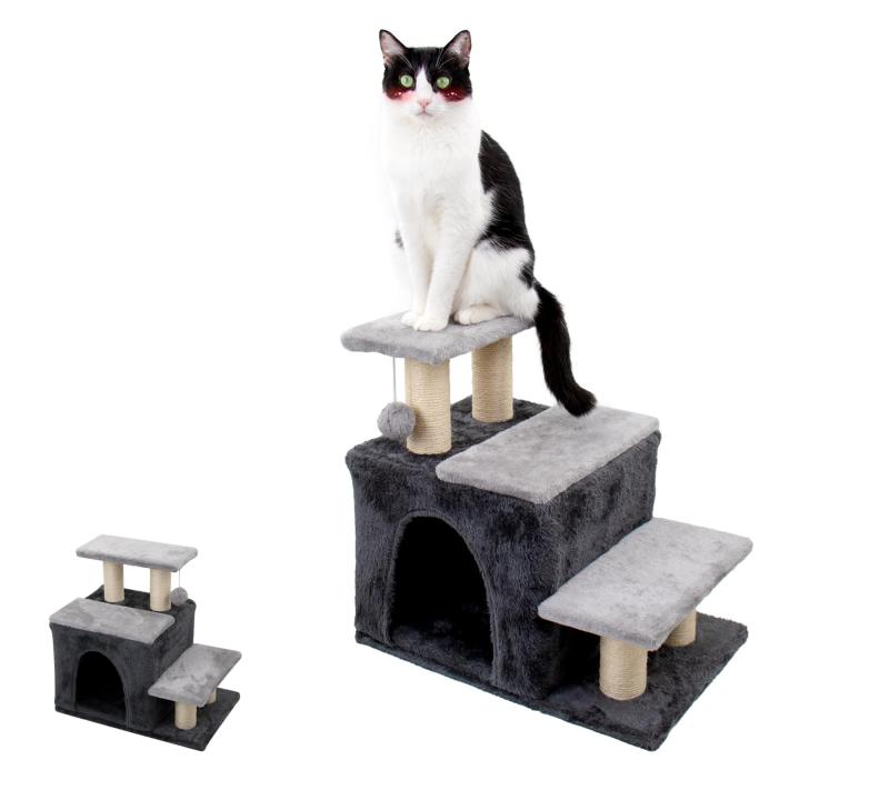 Hapineko（ハピネコ）3in1 キャットタワー ミニ 猫 犬 ステップ 段階 ハウス 爪とぎポール ボール スタイル調整可能 シニア猫/子猫/小型犬対応 ジャンプの苦手な猫ちゃん 密度UP30% MDF板採用 省🐾【3...