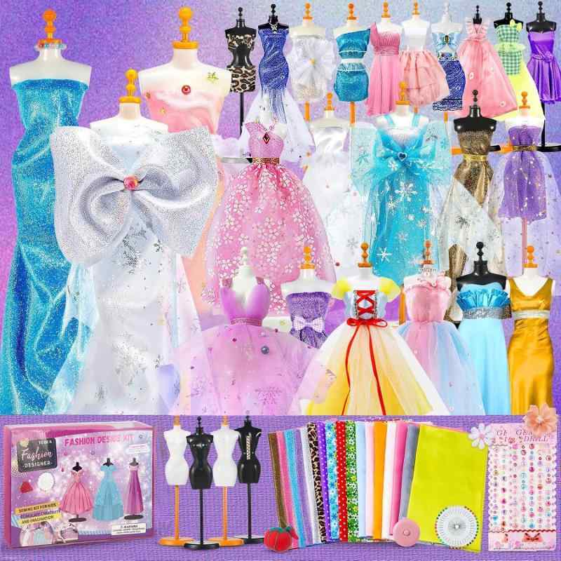 縫わない洋服デザインキット 手作り/工作キット メイキングトイ 女の子 子供 知育玩具🎀 【豪華セット内容｜600個以上のパーツ】 27.5cmトルソー4個付属高級シルク、雪模様チュール、キラキラ生地など全28種類の布と、レ...