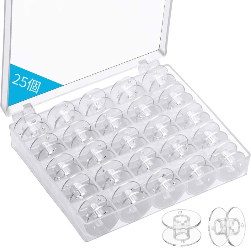 ボビンケース ミシン糸 収納 25個セット ボビン ミシン ボビン 透明ボビン プラスチックボビン 収納箱付き 裁縫道具 耐久性 携帯性💫【サイズ】(1)25個ボビン：2.03×1.14cm (2)1個収納ボックス：12×1...