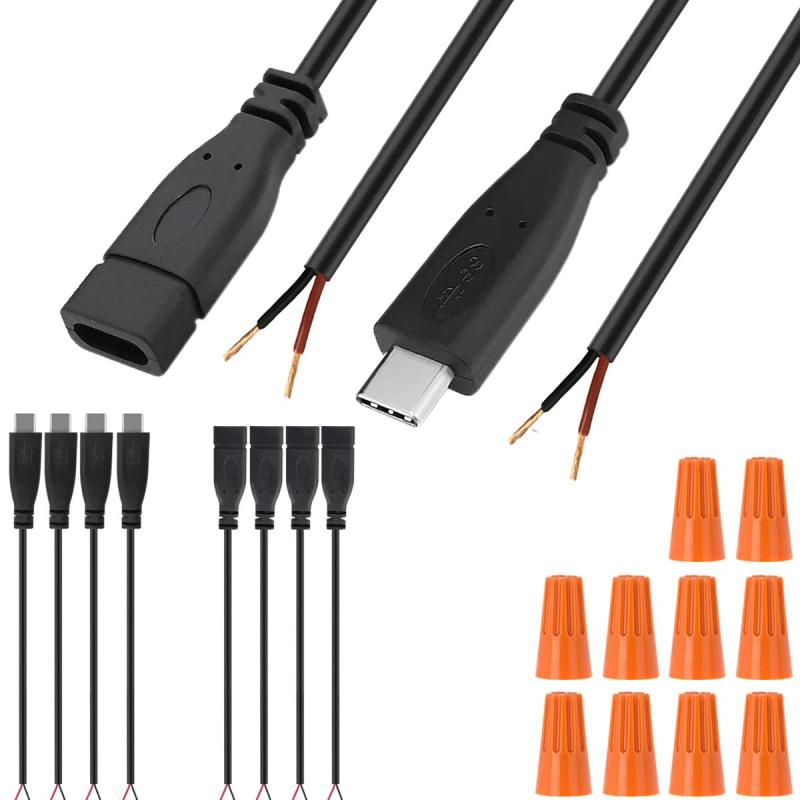 Xiatiaosann USB Cケーブル5V電源線 Type Cコネクタメスオス延長ケーブル USB C自作端子2ピン充電器プラグライン Arduino用とLED用、4 個オス + 4 個メス、8個用途: USB 2.0 Type C メ...
