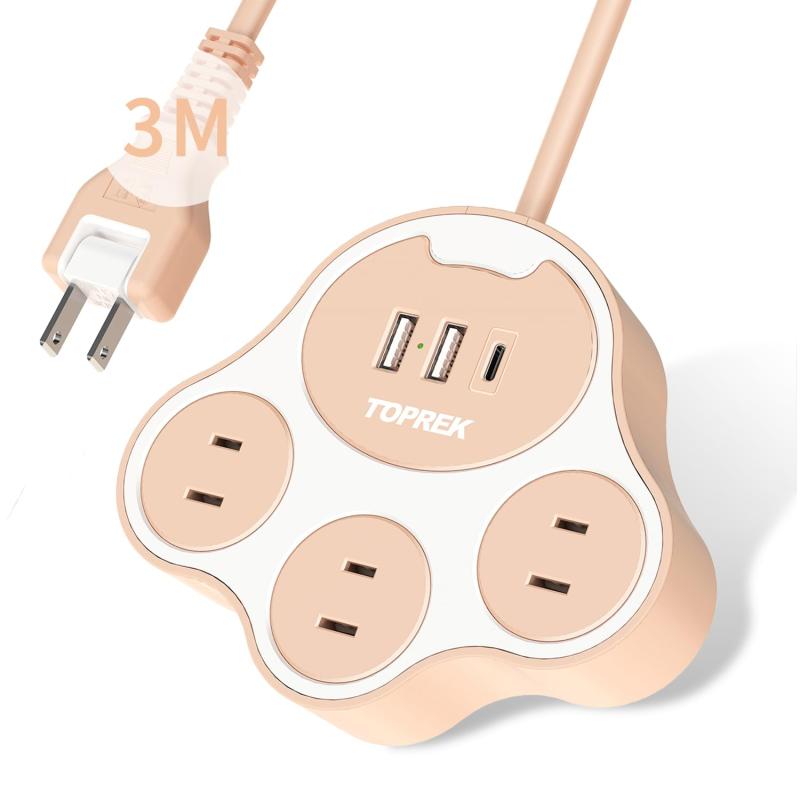TOPREK 猫の足型 電源タップ ピンク USB コンセント 延長コード 3M 3個口 3個USB【1台の6用電源コンセント】ACコンセント3個とUSBポート3個（USB-A 2個、USB-C 1個）を装備し、最大6台の機器に同時に電力を...