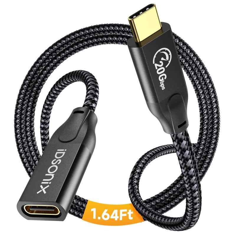 USB Type-C 延長ケーブル0.5m 100W PD急速充電対応 iDsonix USB3.2 Gen2X2 20Gbps高速データ転送 4K@60Hz映像出力 USB3.2 Gen2x2 メス→オス変換 タイプc延長コード E-ma...
