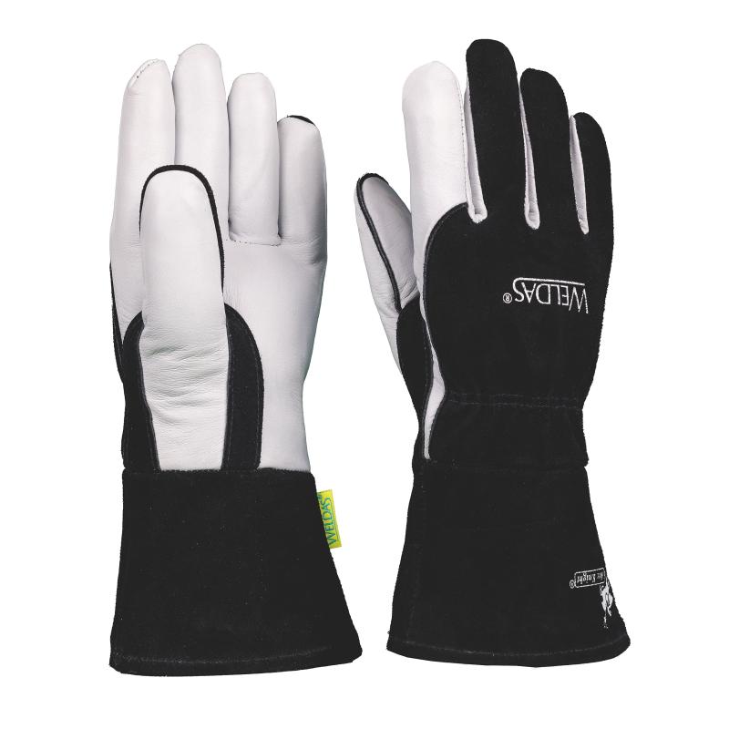 [ARC KNIGHT] Weldas® 女性用 プレミアムMIG溶接手袋、10-2020S、ブラック＆ホワイト（Sサイズ）。この手袋は、非常に柔らかく柔軟性のあるトップグレインカウハイド製で、精密溶接に最適です。保護性能と安全性を高めるレ...