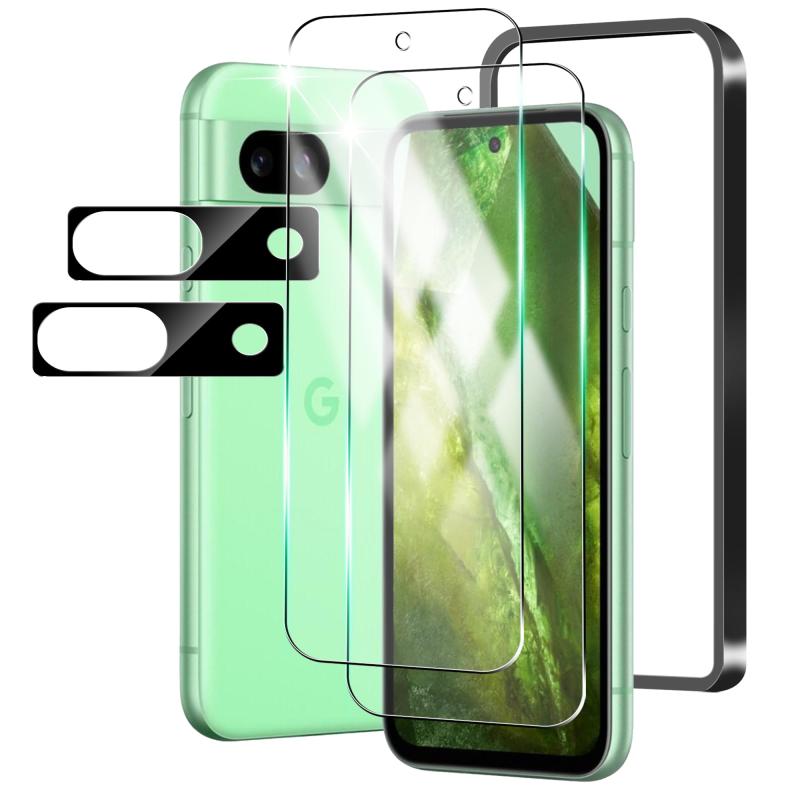 WHskyee Google Pixel 8A 用の ガラスフィルム + カメラフィルム【ガイド枠+2枚液晶保護フィルム+ 2枚レンズ保護フィルム】 硬度9H 【日本旭硝子素材採用】 強化ガラス 保護 フィルム 貼り付け簡単/【対応機種】：...