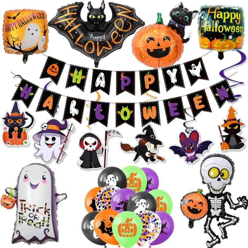 Mainiusi ハロウィン バルーン パーティー 飾り付け デコレーション Happy Halloween ガーランド 螺旋状 吊り飾り6枚 カボチャ 骸骨 幽霊 コウモリのデザインアルミ 風船 オレンジ/ブラック/パープセット内容：ハロ...