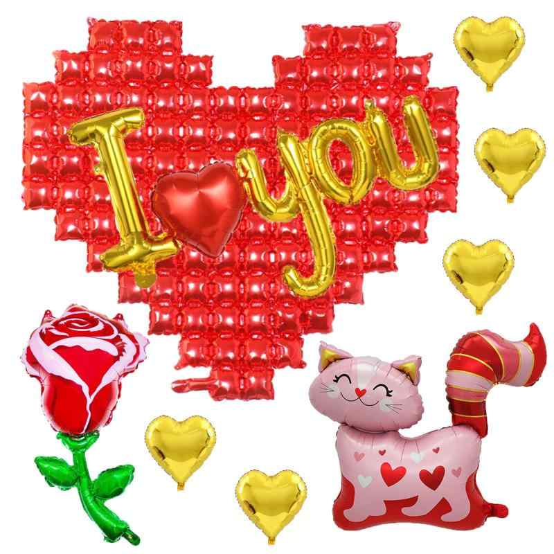 Mainiusi バレンタイン 飾り バルーン 9点 バレンタインデー 風船 セット、「I LOVE YOU」文字バルーン、超大ハート型風船、猫型バルーン、薔薇バルーン、パーティー装飾用、レッド＆ゴールドセット内容: 「I♥YOU」の文字バ...